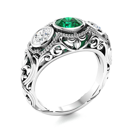 Dacia Ring with Round Emerald, SI Diamond | 1.2 carats Round Emerald ...