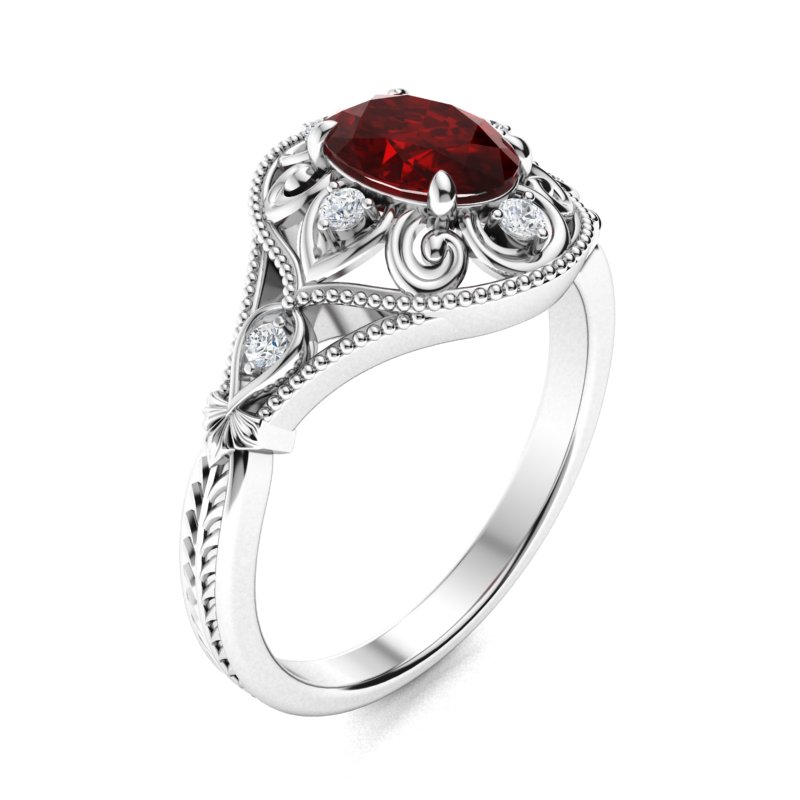 Hawk Ring with Oval Garnet, SI Diamond | 0.89 carats Oval Garnet Halo ...