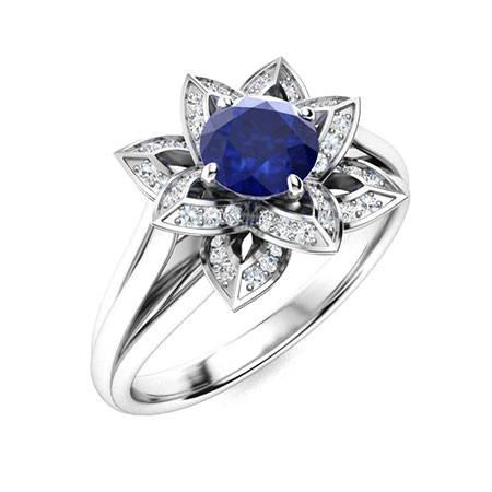 Lotus Ring with Round Sapphire, SI Diamond | 0.76 carats Round Sapphire Cocktail Ring in 14k ...