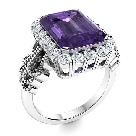 Princess Ring with Emerald cut Amethyst, SI Diamond | 4.3 carats ...