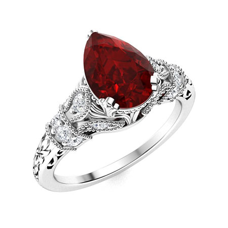 Trino Ring with Pear Garnet, SI Diamond | 1.82 carats Tear Drop Garnet ...